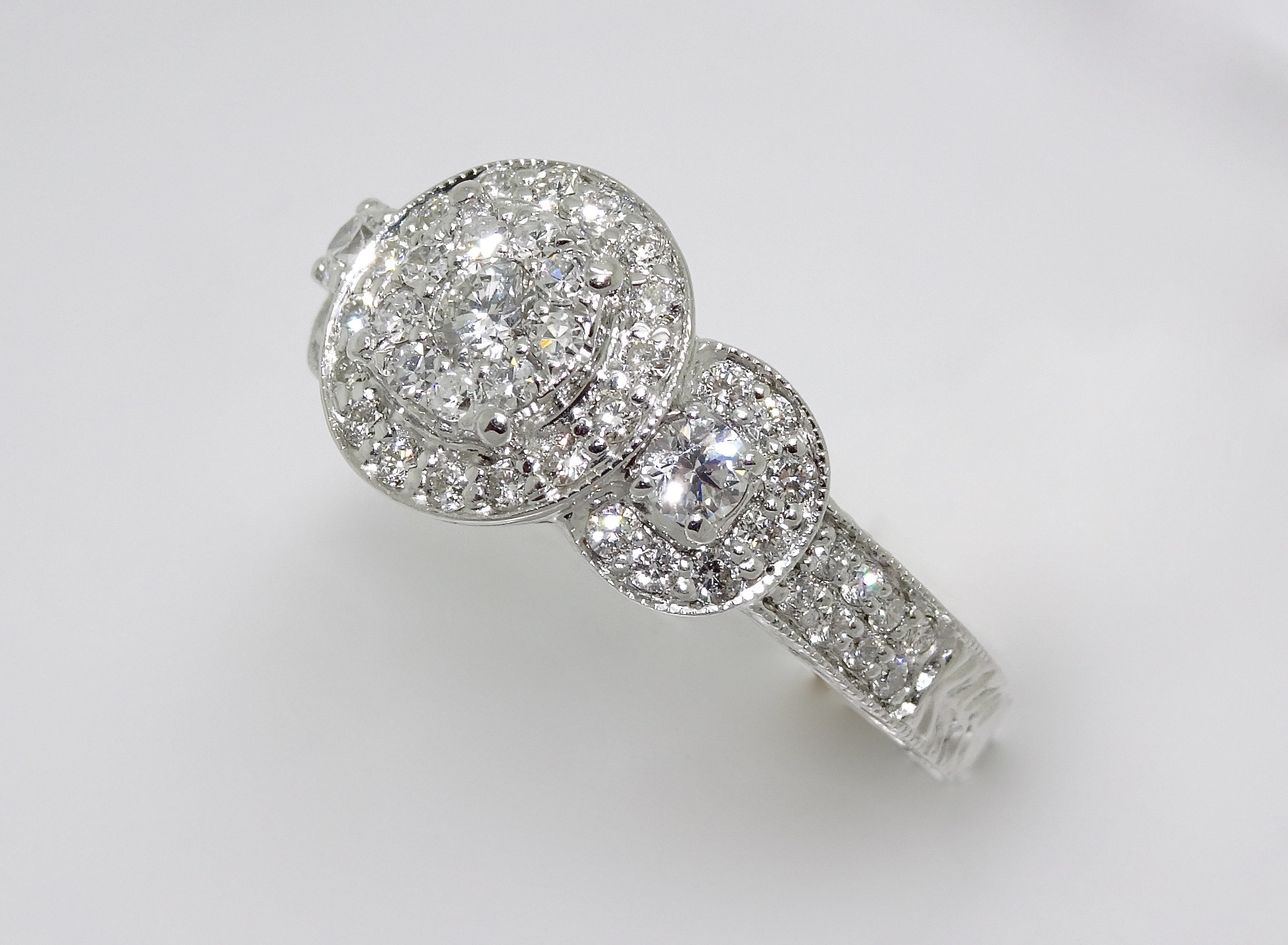 18K White Gold Past Present Future Diamond Halo Cluster | Etsy