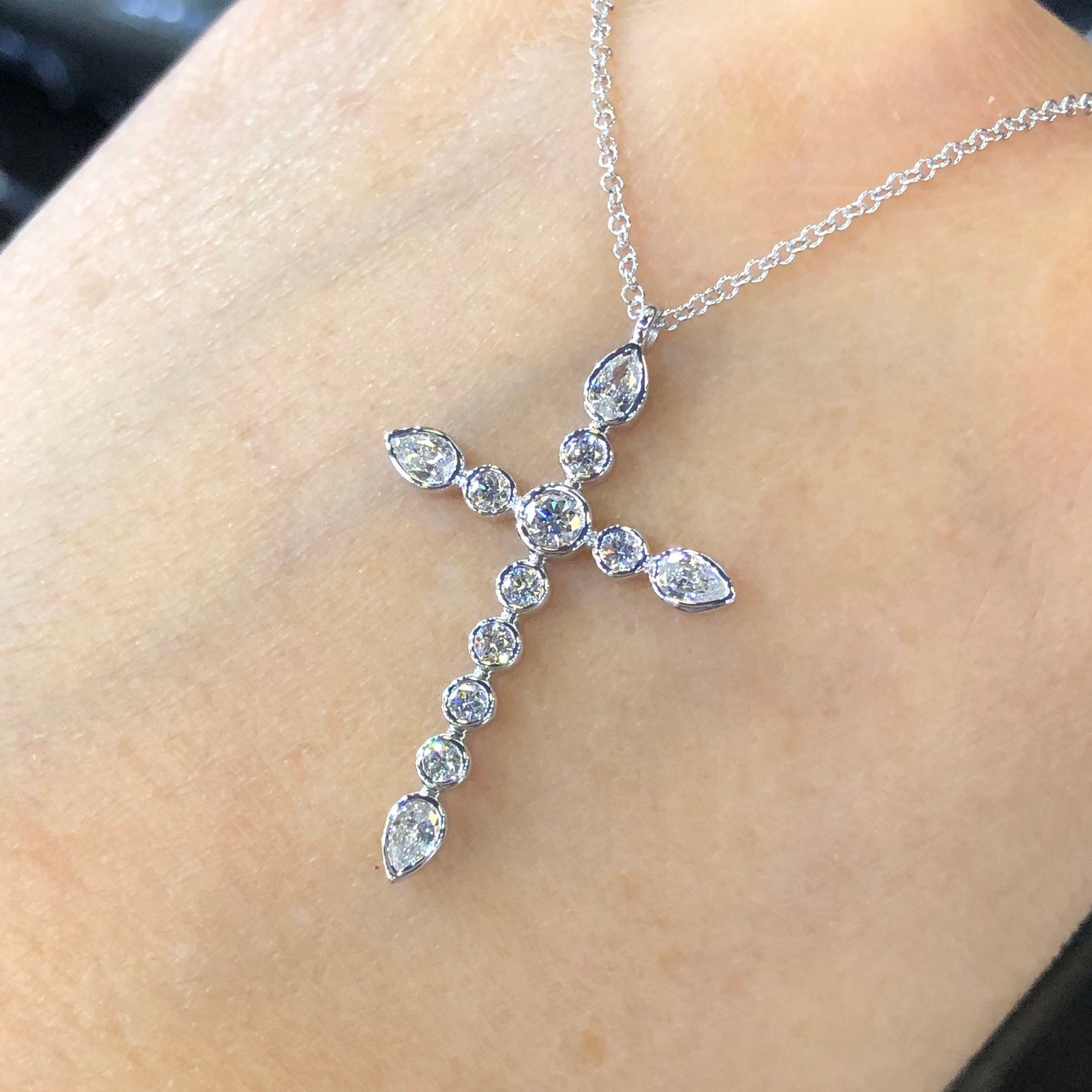 14K White Gold Round And Pear Shape Diamond Bezel Medium Cross | Etsy