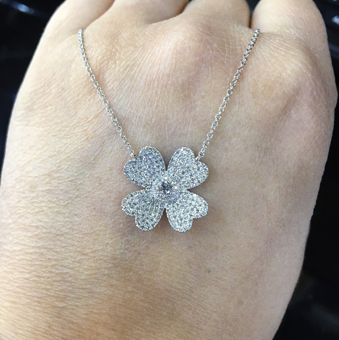 14K White Gold Diamond Pave Clover Flower Pendant Necklace - Etsy UK