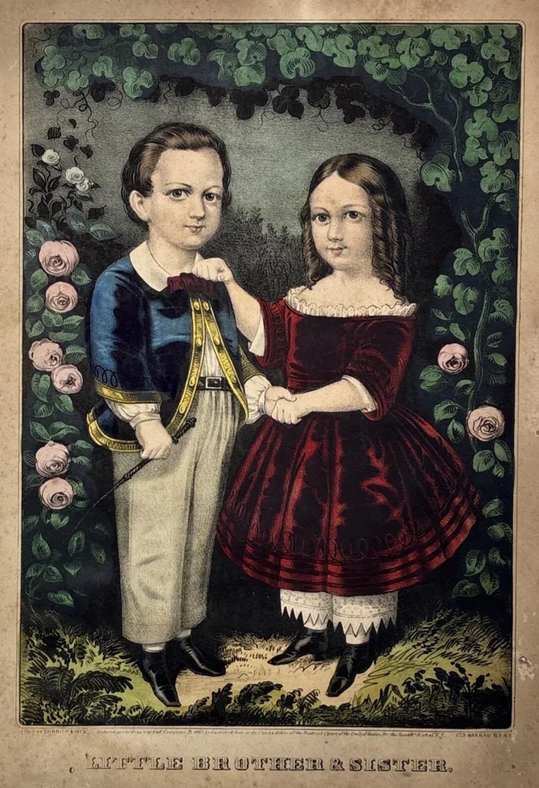 1863 Original Currier & Ives Little Brother Sister Hand Colored ...