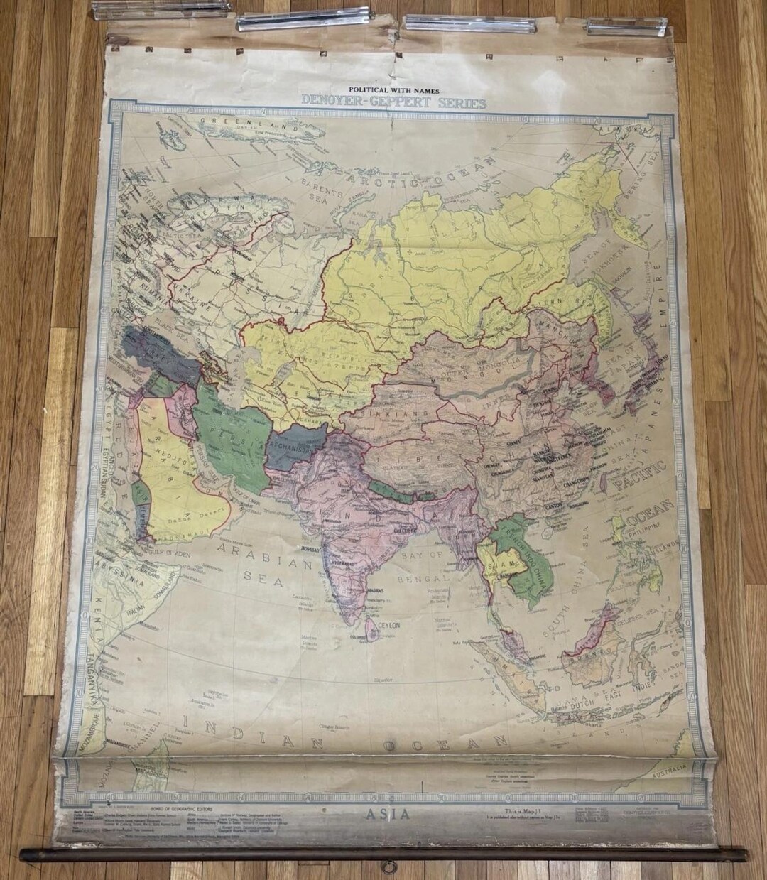 Antique 1923 Denoyer Geppert Co Pull Down Political Asia Map Classrom ...
