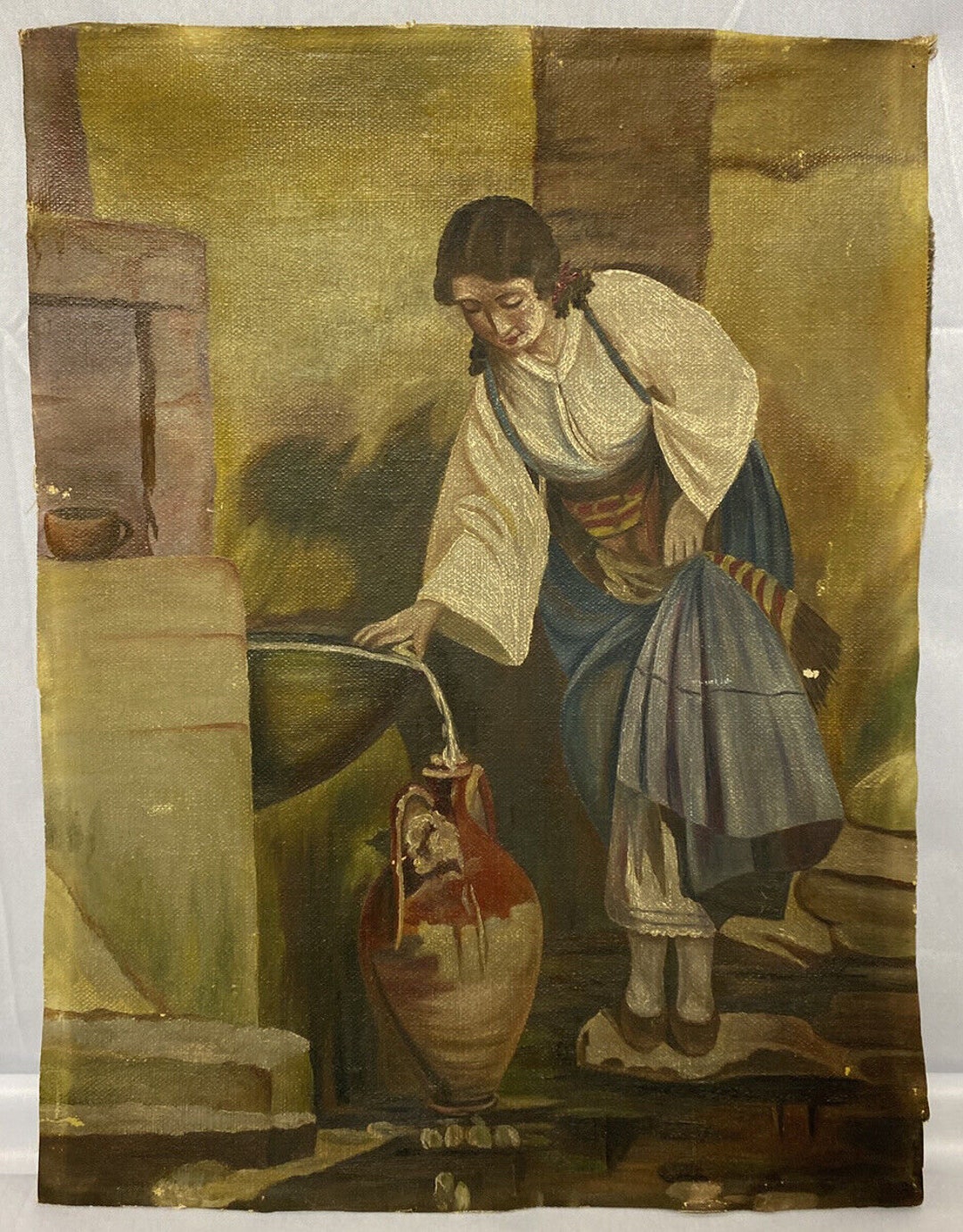 Antique Original Oil Painting on Canvas Peasant Lady Fetching - Etsy