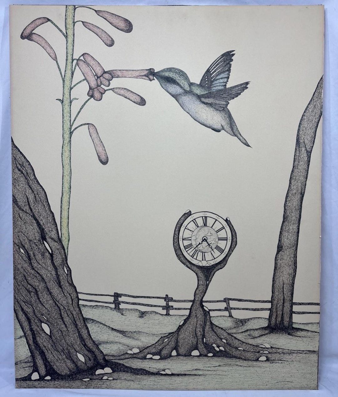 Large Original Surrealist Ink & Pastel Drawing Signed Hargraves ...