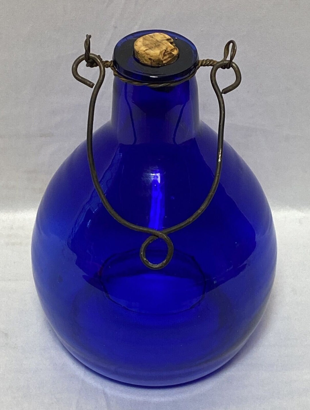 Antique Hand Blown Cobalt Blue Glass Fly Trap Flycatcher Bottle OG Wire ...