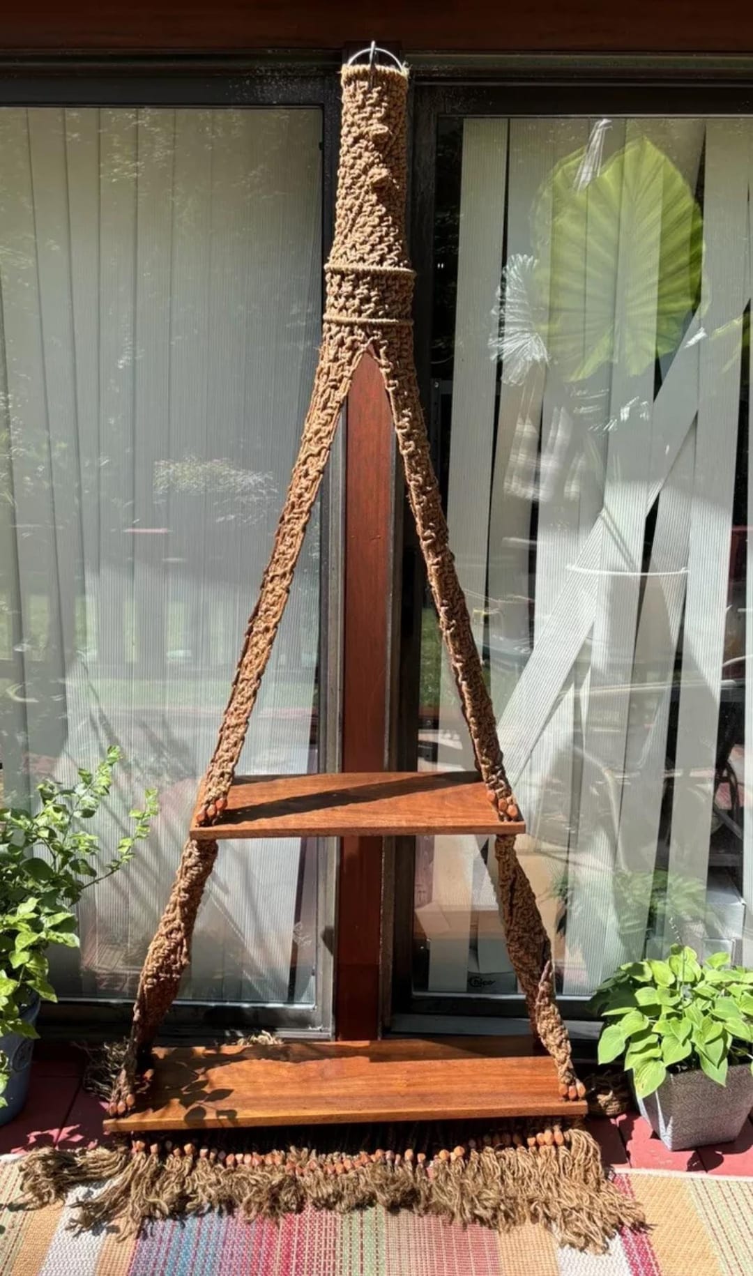 Vintage Large Macrame & Wood Hanging Shelf Plant Stand 2 Tier 83 Long ...