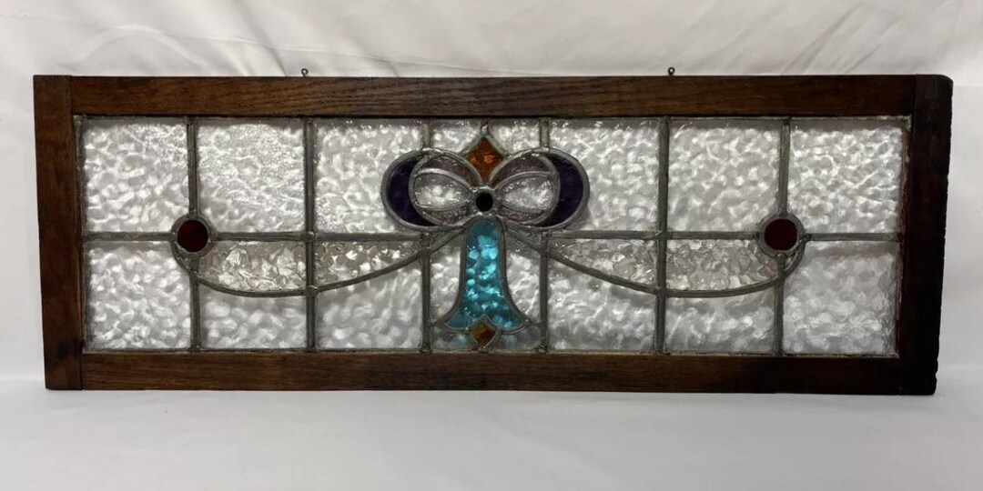 Antique Old English Leaded Stained Glass Window Transom 36.5x12.75 ...
