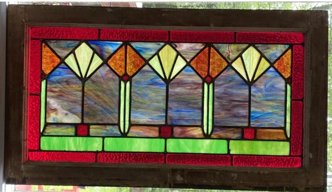 Antique Leaded Slag Stained Glass Window Wood Frame Chicago Style 31 ...