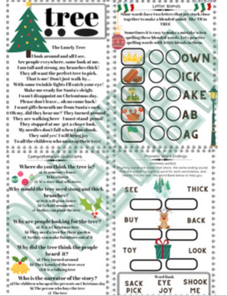 Christmas Theme Printable Phonetic Reading Workbook Activity - "tree ...