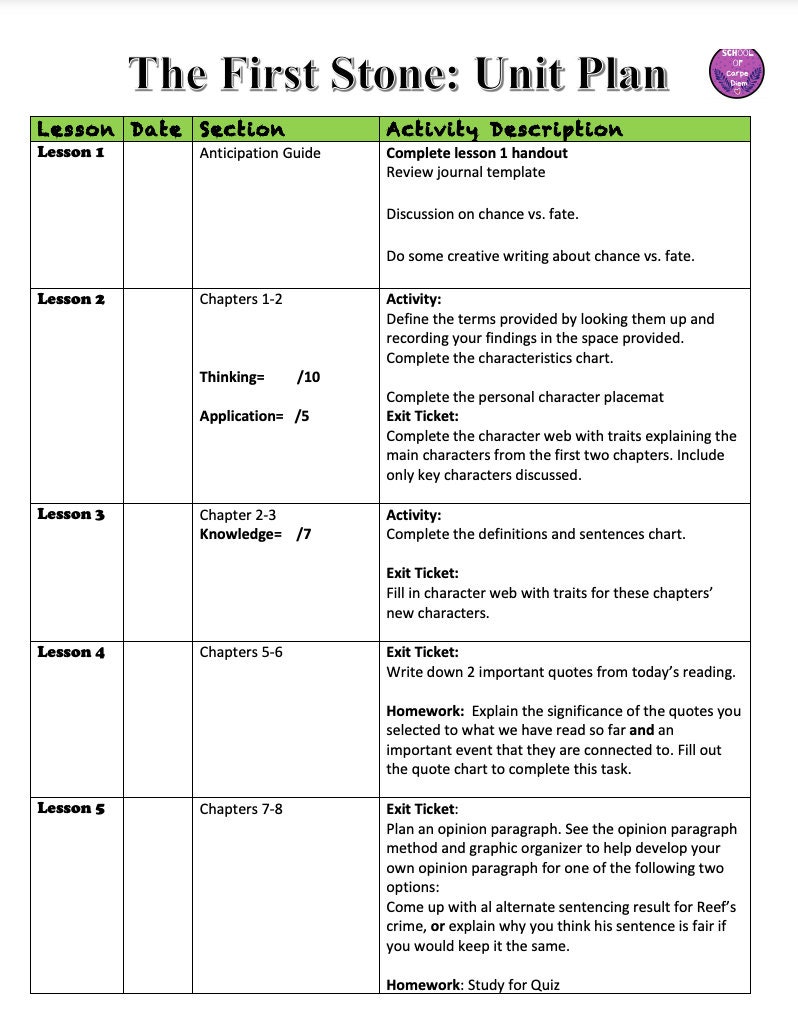 The First Stone Novel Study Unit Plan grade 9/10 - Etsy