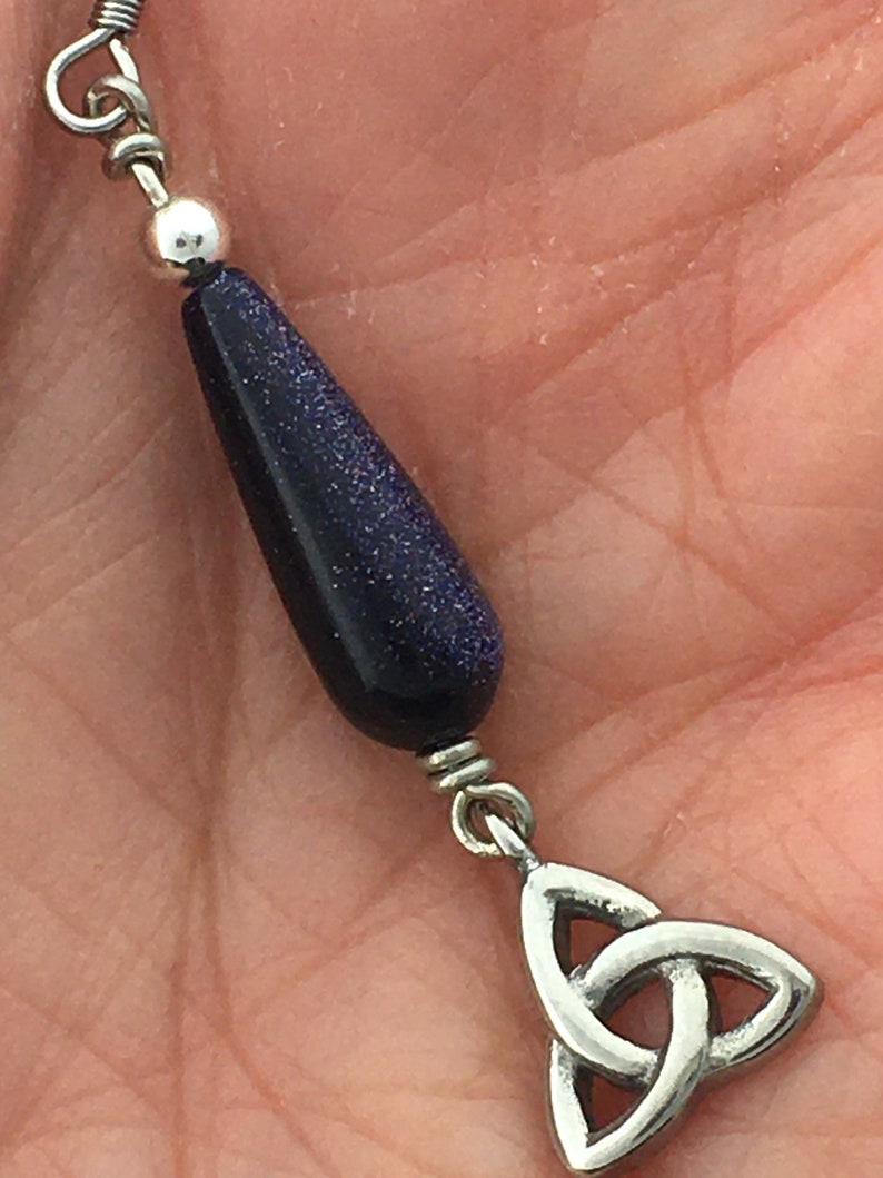 Midnight Blue Goldstone Trinity Tear Drop Earrings HM49 | Etsy
