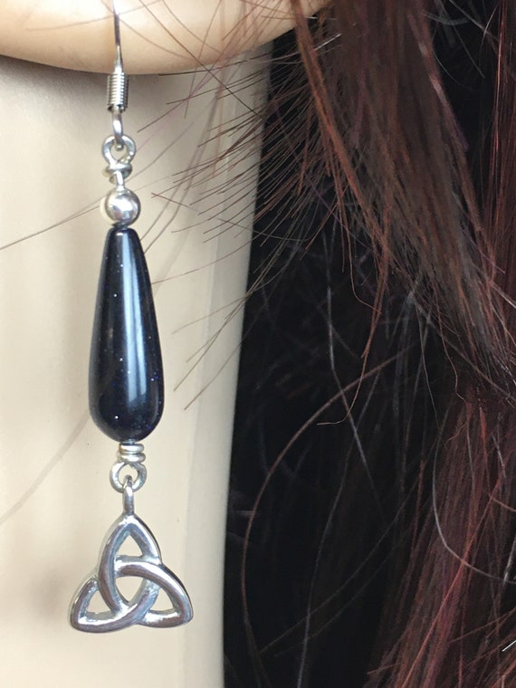 Midnight Blue Goldstone Trinity Tear Drop Earrings HM49 | Etsy