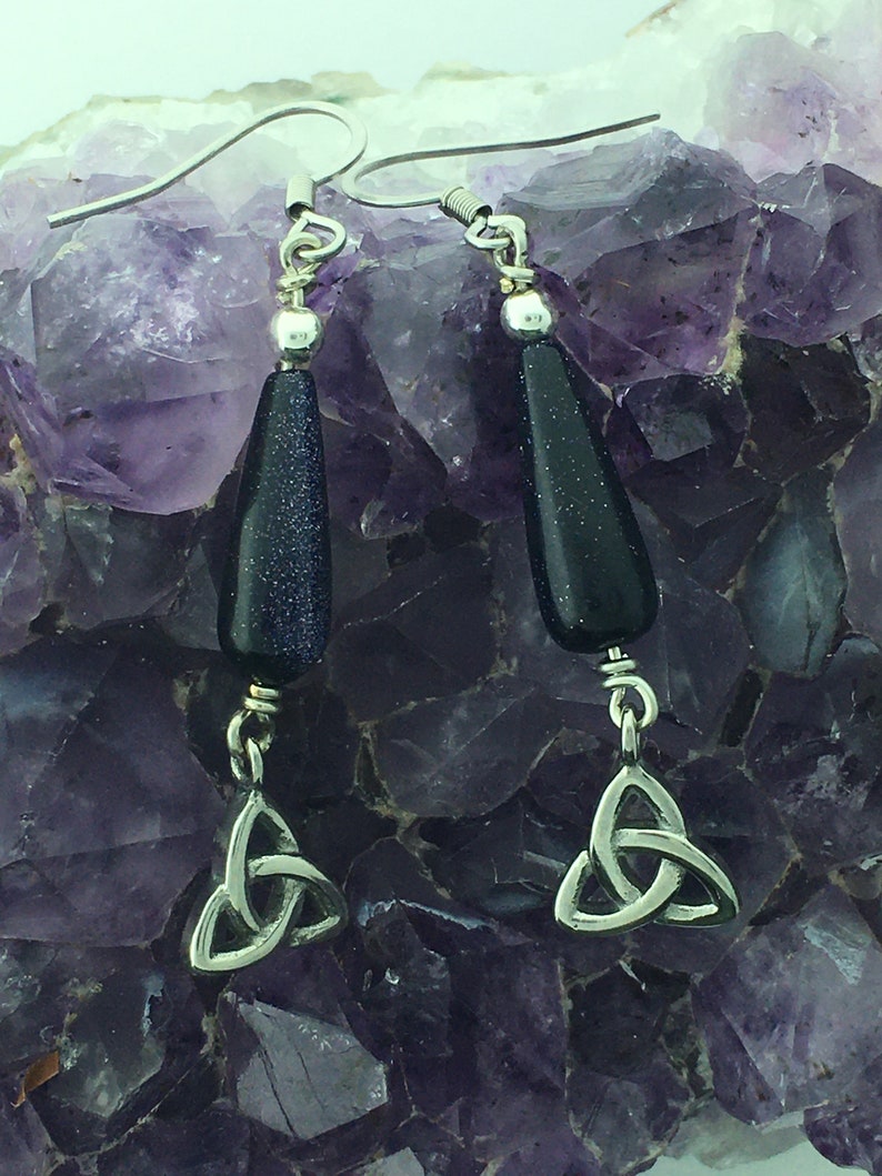 Midnight Blue Goldstone Trinity Tear Drop Earrings HM49 | Etsy