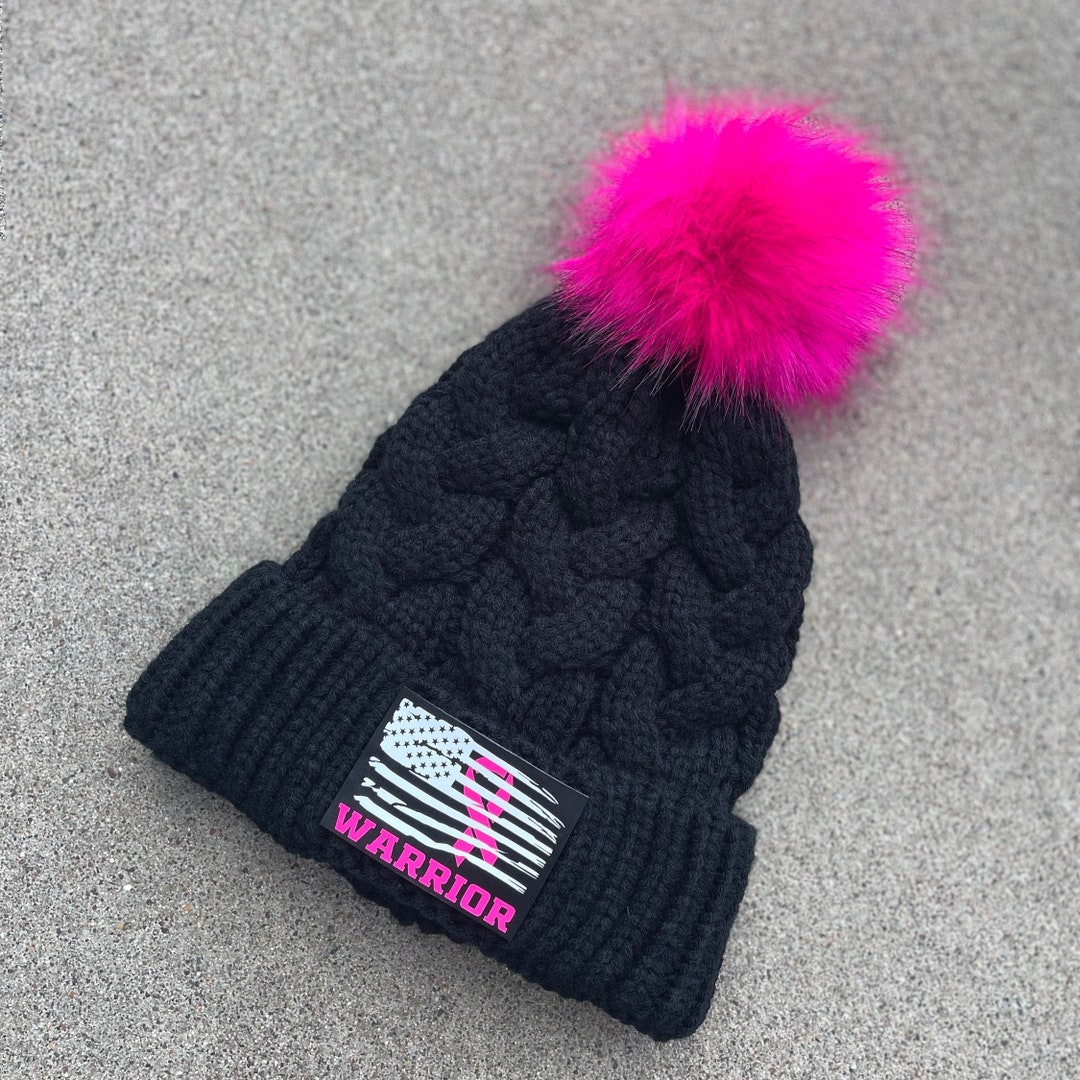 Breast Cancer Awareness Hats, Personalized Beanies With Faux Fur Pom ...