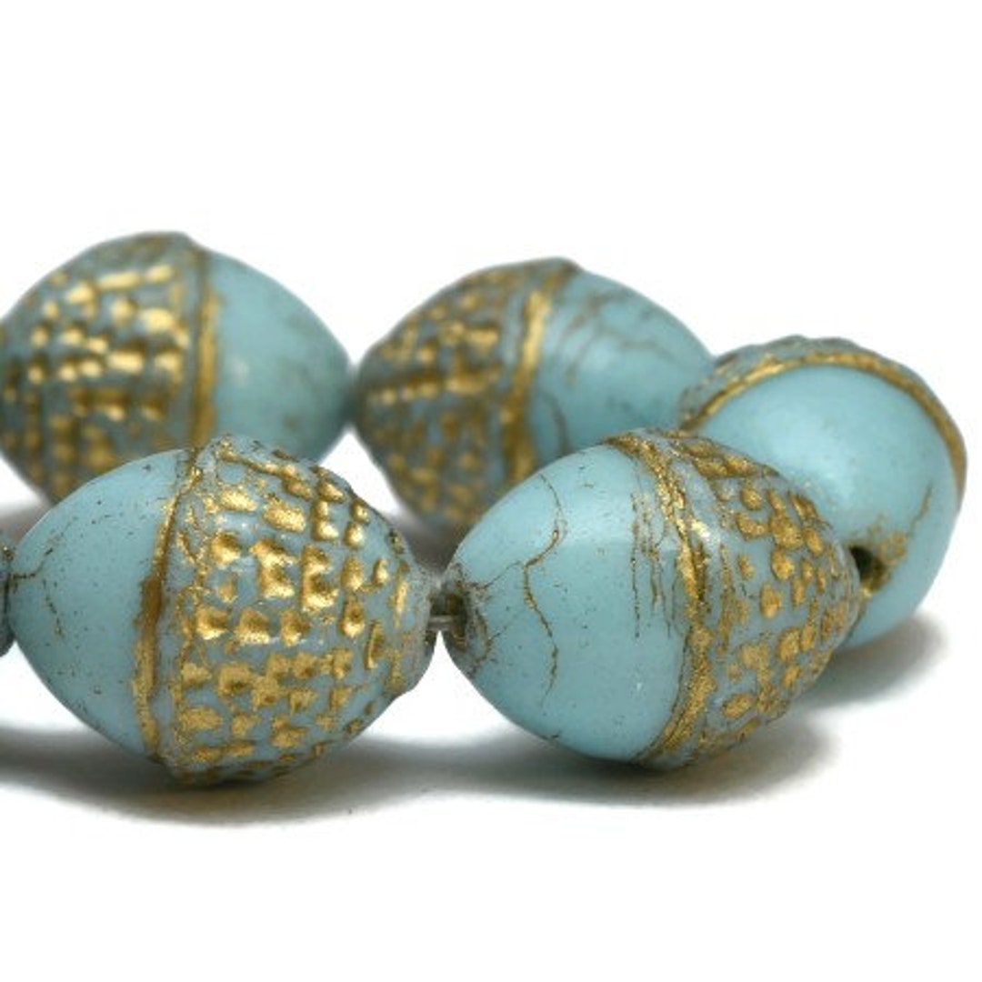 10x12mm Acorn Sky Blue With Matte Finish and Gold Wash Czech Glass ...