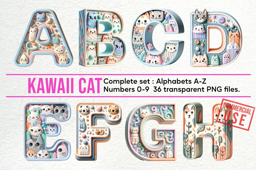Kawaii Cat Alphabet & Doodles: Clipart Set With PNG Letters, Numbers ...