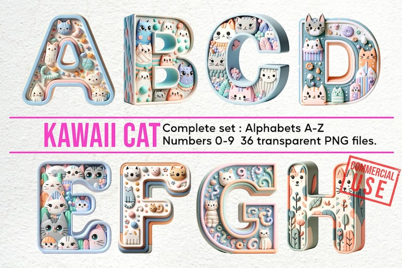 Kawaii Cat Alphabet & Doodles: Clipart Set With PNG Letters, Numbers ...