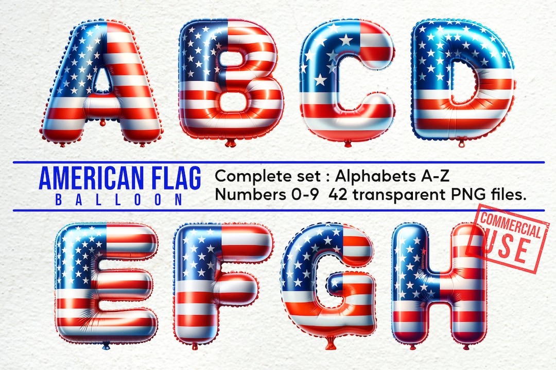 American Flag Balloon Alphabet & Doodles: Clipart Set With PNG Letters ...