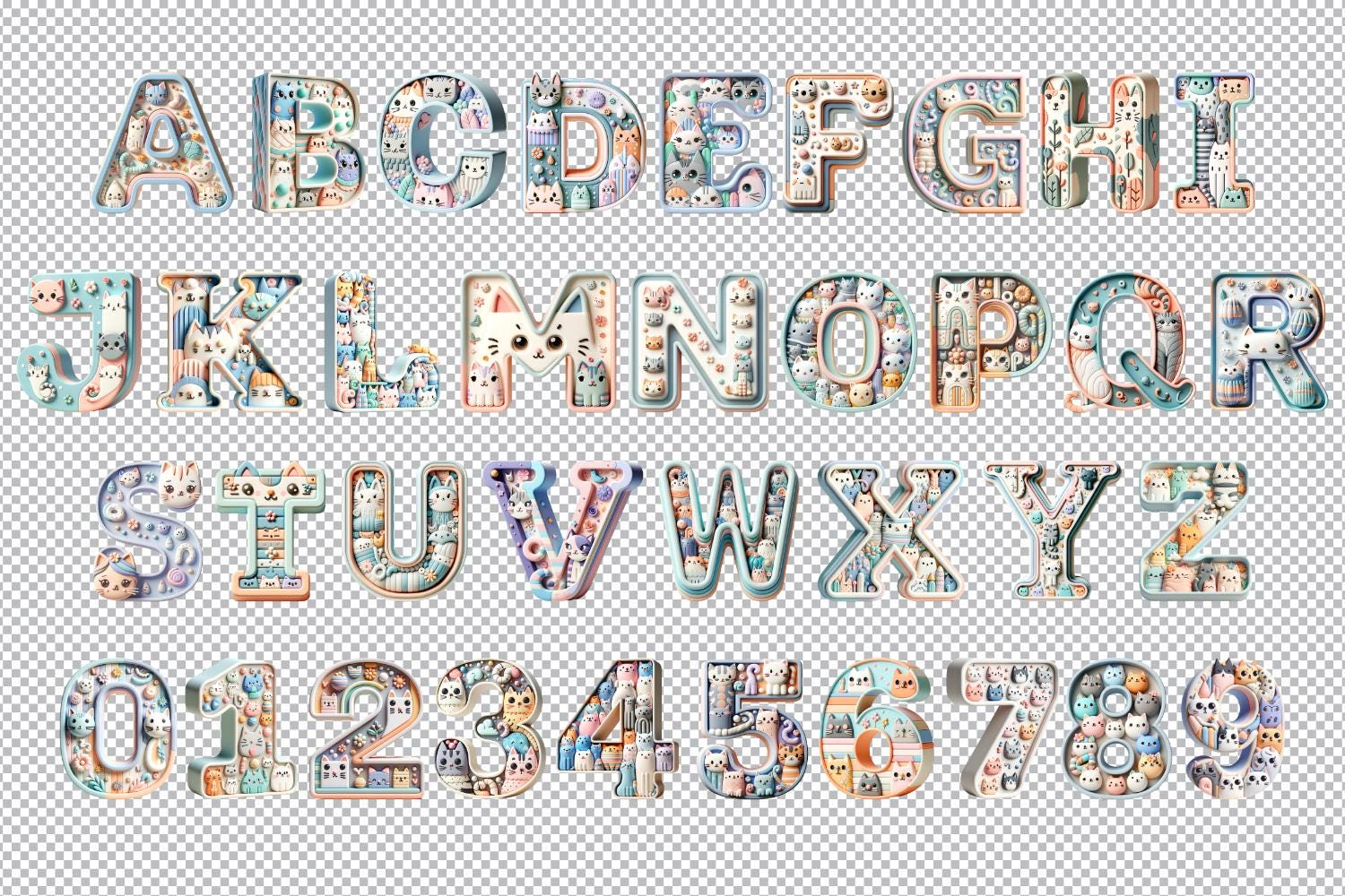 Kawaii Cat Alphabet & Doodles: Clipart Set With PNG Letters, Numbers ...
