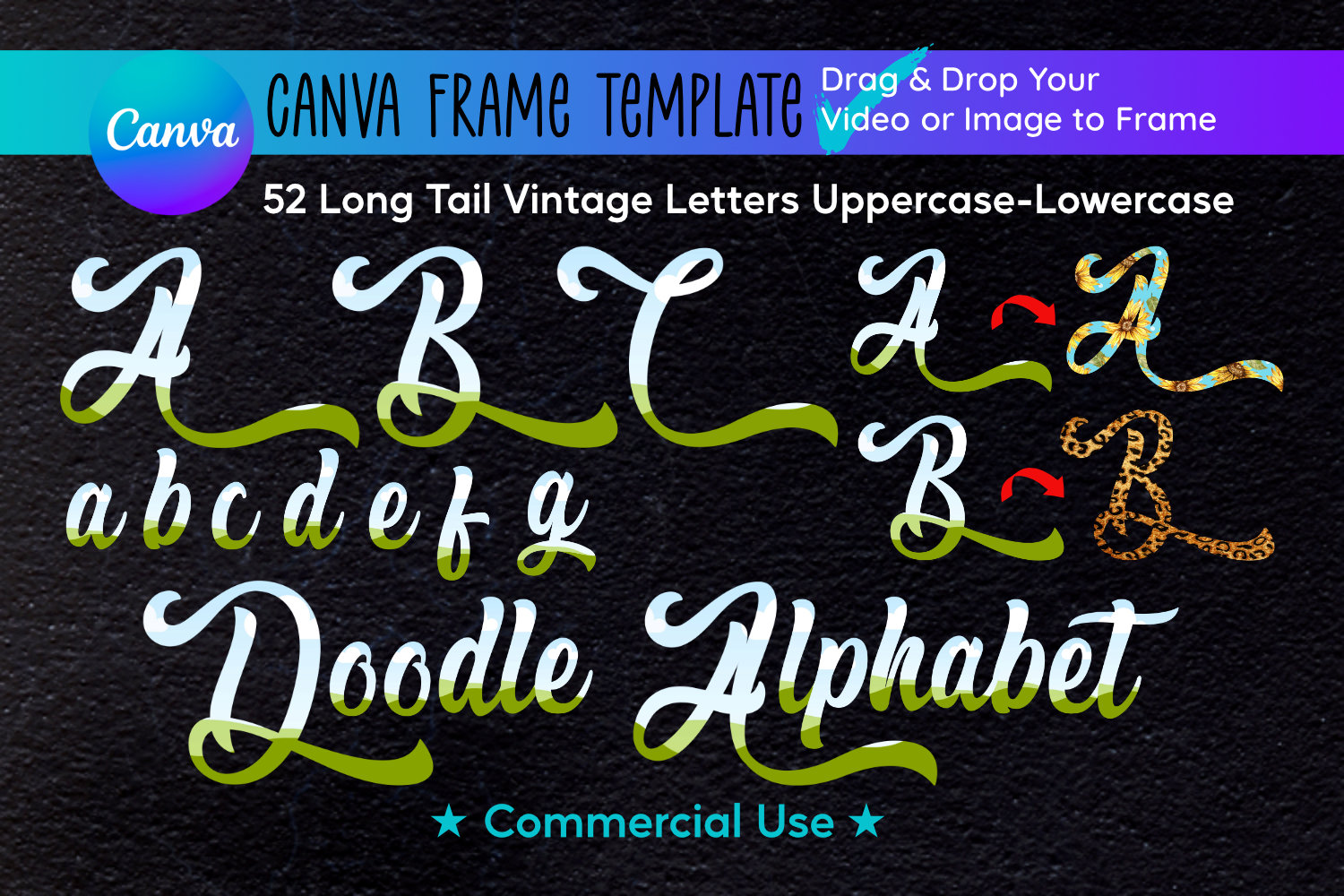 Vintage Long-tail Letters Doodle Canva Frames : 52 Vintage for Letters ...
