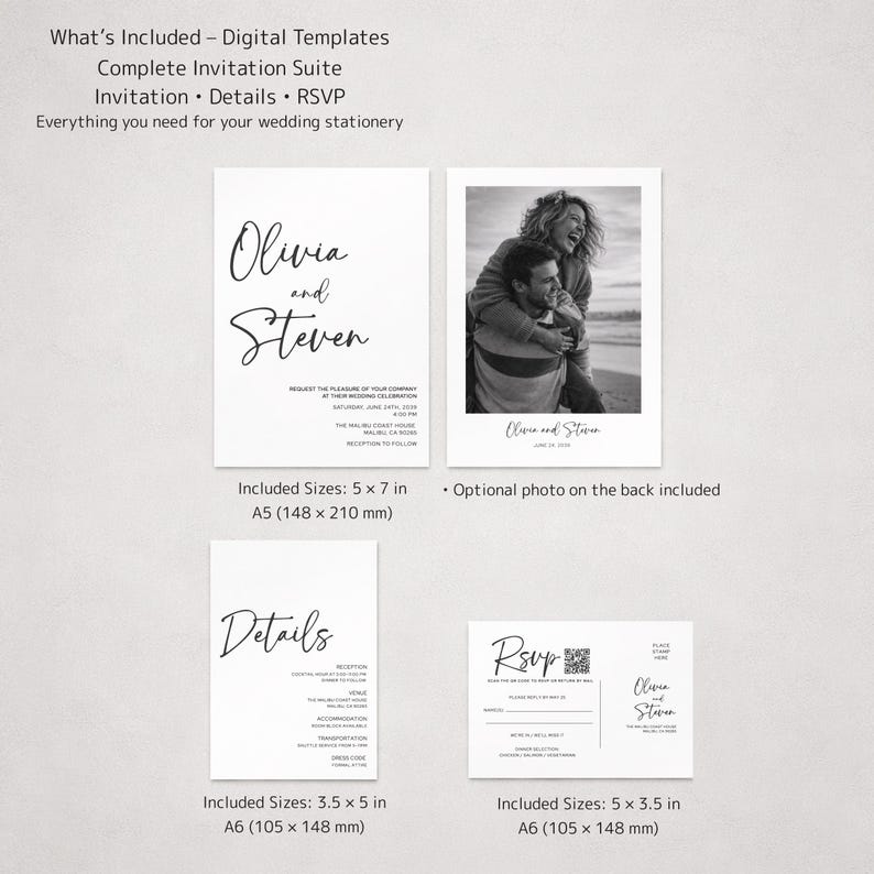 Modern Script Invitation Suite Canva Template | Minimal Calligraphy ...