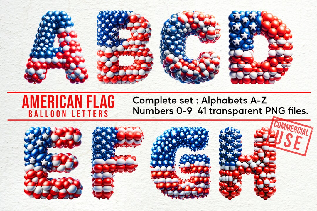 American Flag Small Balloon Alphabet & Doodles: Clipart Set With PNG ...