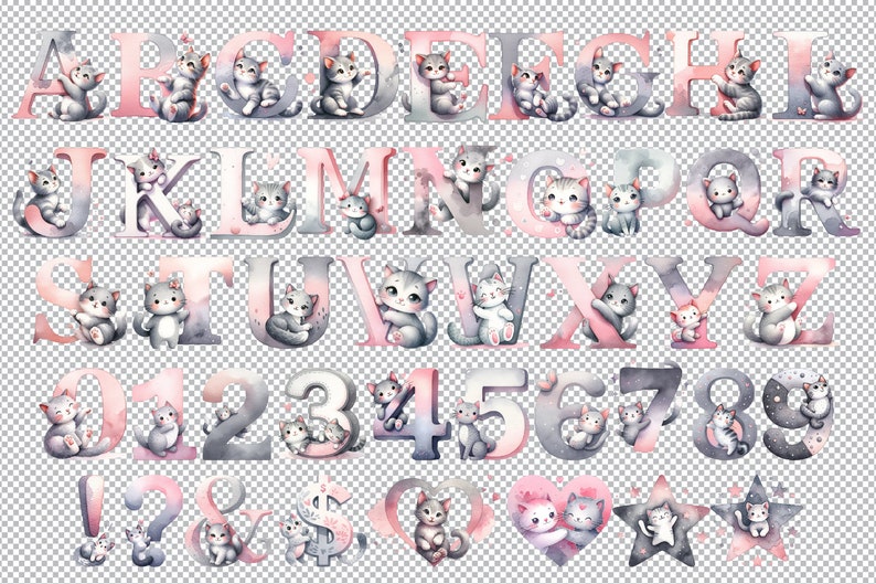 Kitten Watercolor Alphabet & Doodles: Clipart Set With PNG Letters, Numbers, Decorative Elements ...