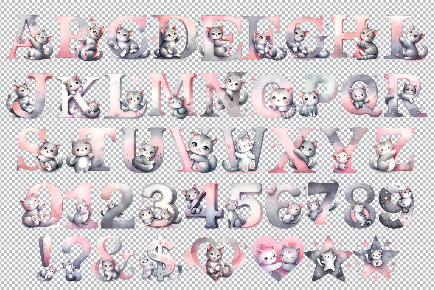 Kitten Watercolor Alphabet & Doodles: Clipart Set With PNG Letters ...