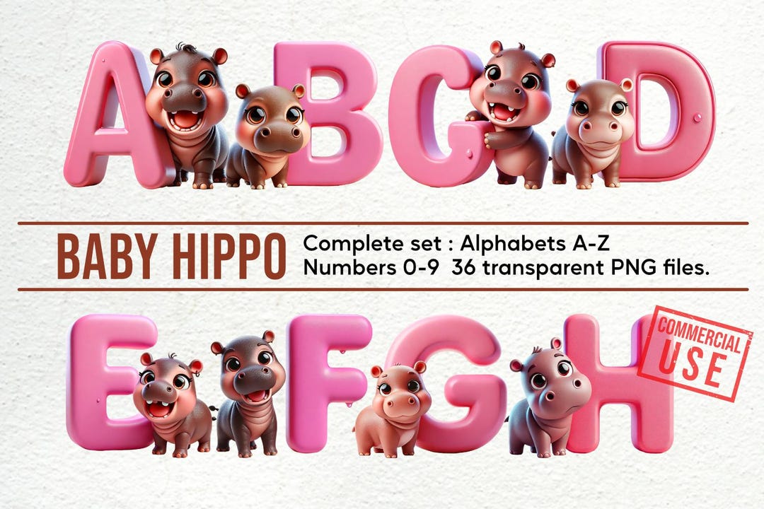 Baby Hippo Moo Deng Alphabet & Doodles: Clipart Set With PNG Letters ...