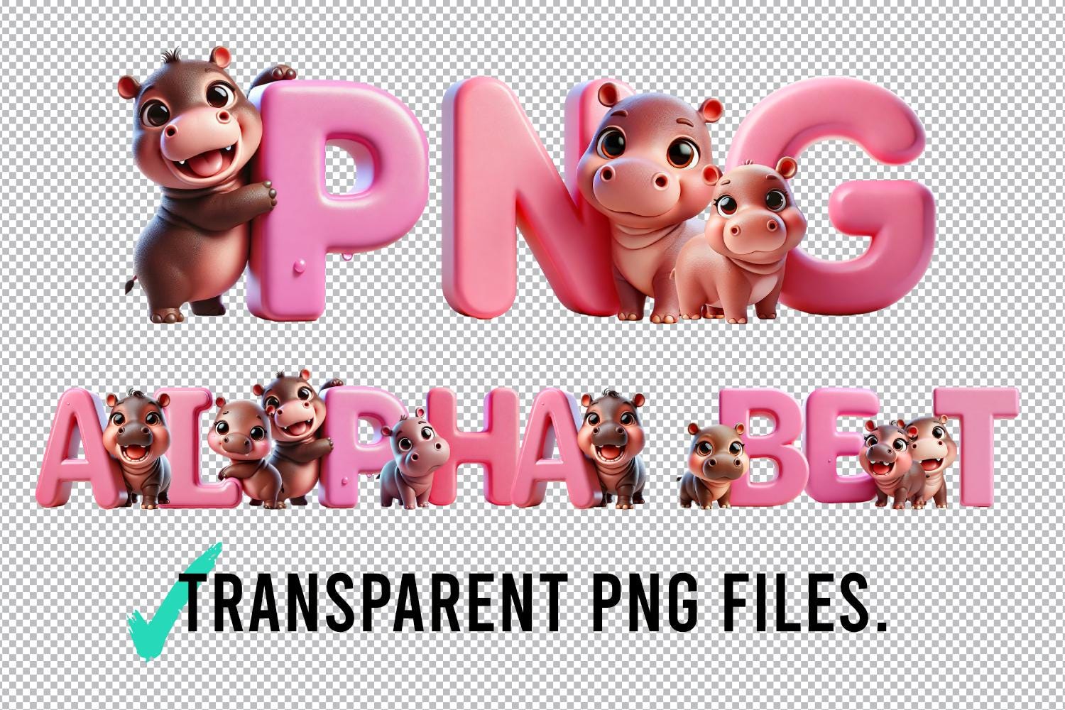 Baby Hippo Moo Deng Alphabet & Doodles: Clipart Set With PNG Letters ...