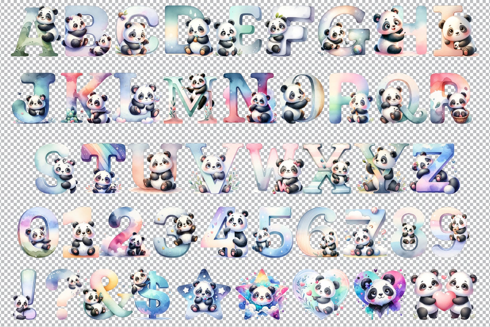 Baby Panda Alphabet & Doodles: Clipart Set With PNG Letters, Numbers ...