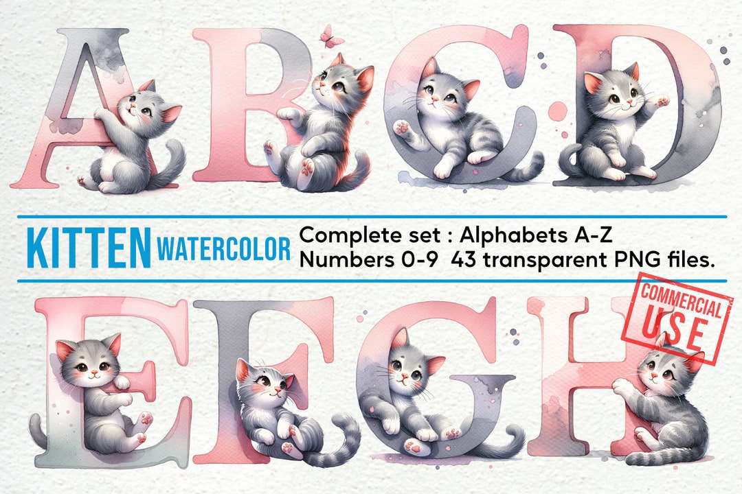 Kitten Watercolor Alphabet & Doodles: Clipart Set With PNG Letters ...