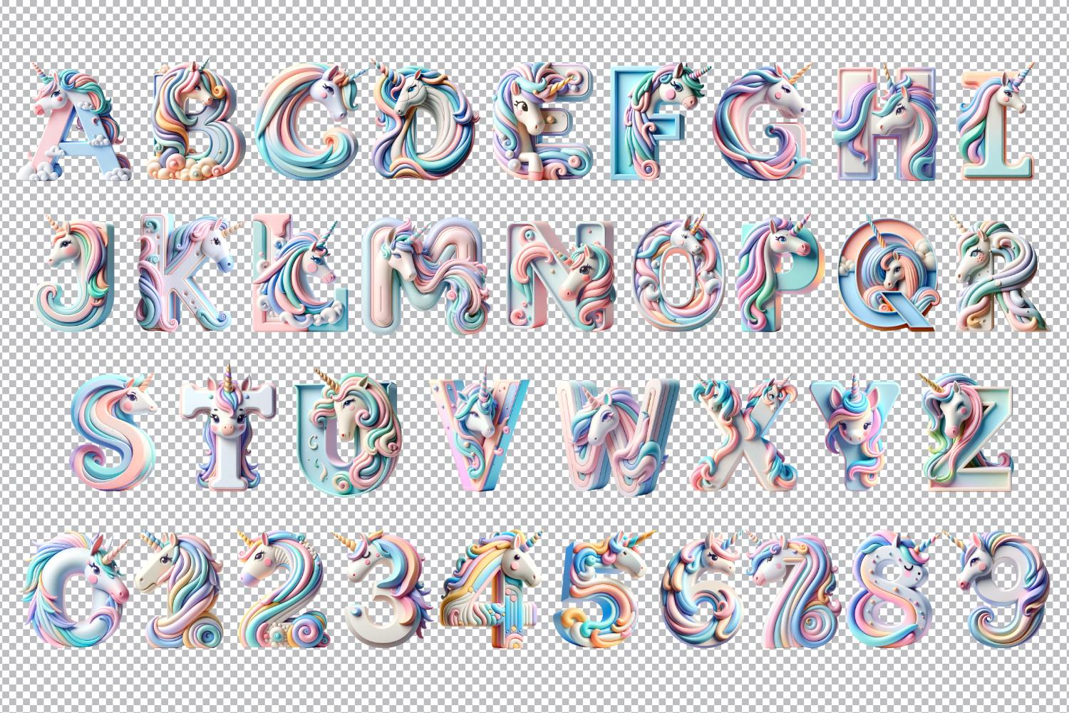 Unicorn Alphabet & Doodles: Clipart Set With PNG Letters, Numbers ...