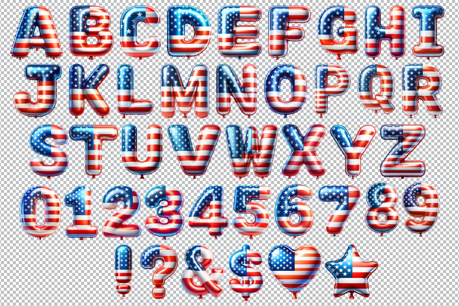 American Flag Balloon Alphabet & Doodles: Clipart Set With PNG Letters ...