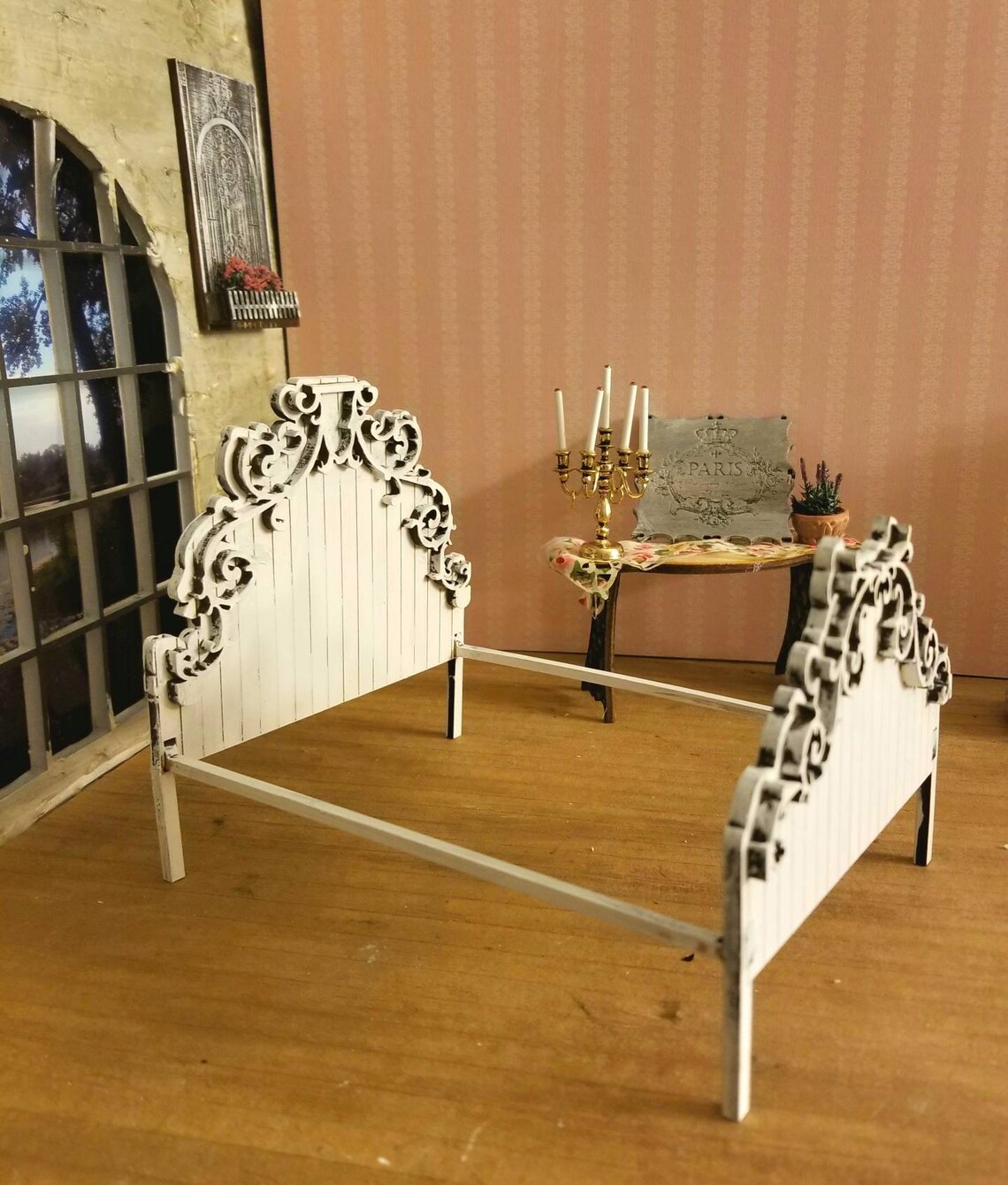 Miniature Dollhouse Romantic Double Bed Frame 1:12 Scale and - Etsy