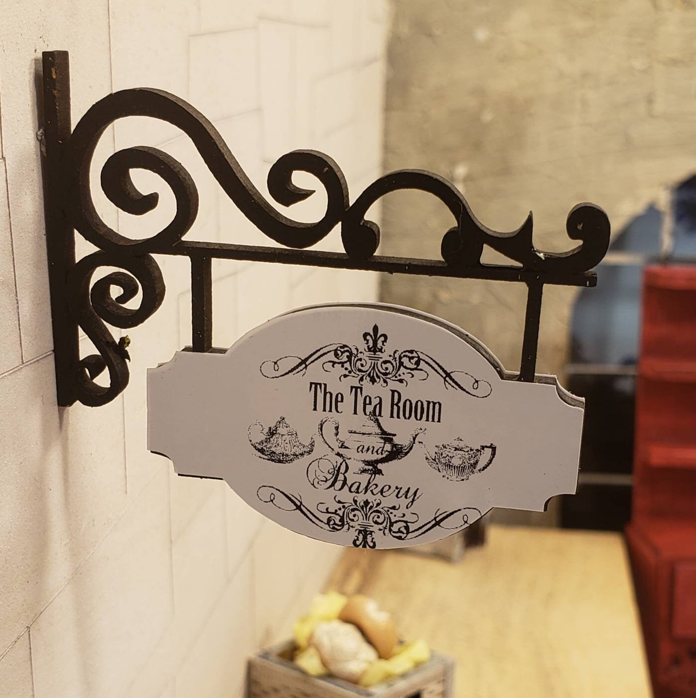 Miniature dollhouse Tea Room and Bakery sign with wrought iron | Etsy