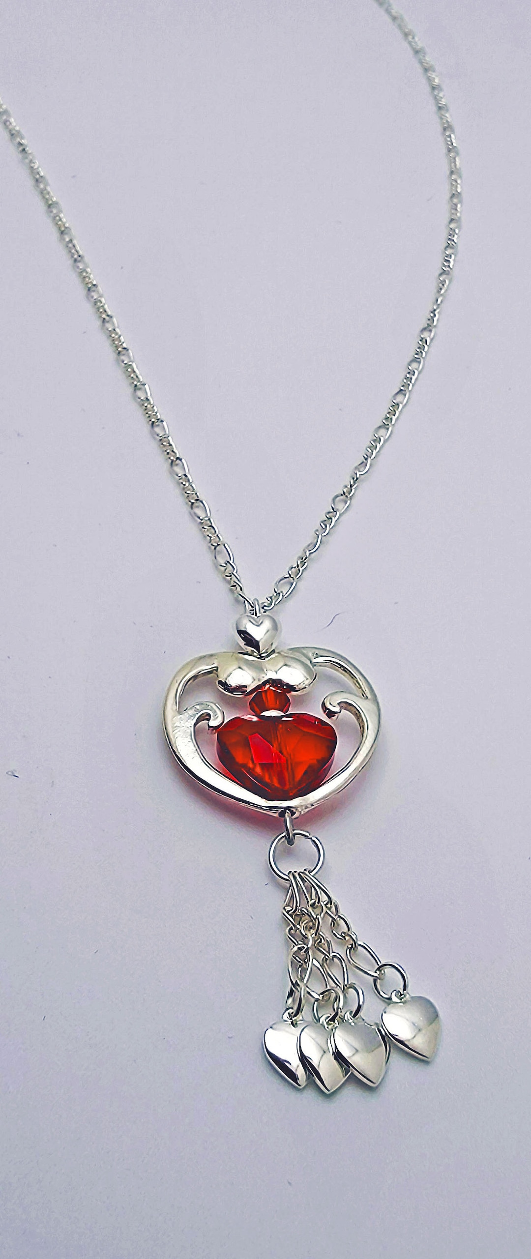 Large Silver & Red Open Heart Necklace - Etsy