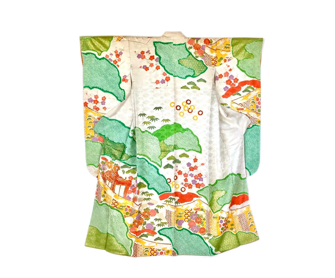 Gorgeous FURISODE KIMONO |goshoguruma, Pine, Bamboo and Plum(松竹梅 ...