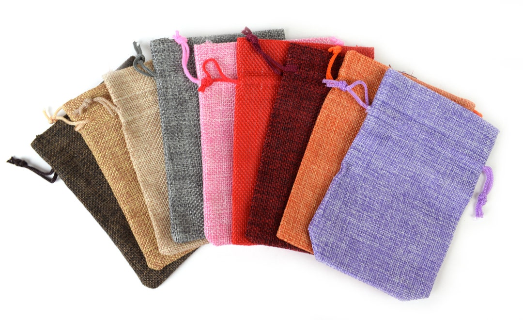 10 Drawstring Burlap Bags 5x3.5 In. Packing Pouches 9 Colors Wedding ...
