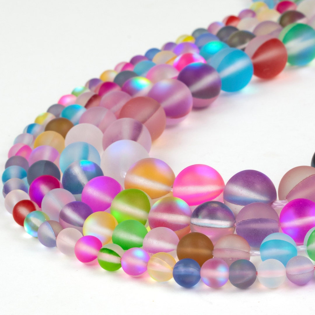 Mystic Aura Quartz Beads | Frosted Mermaid Glass | Matte Rainbow ...