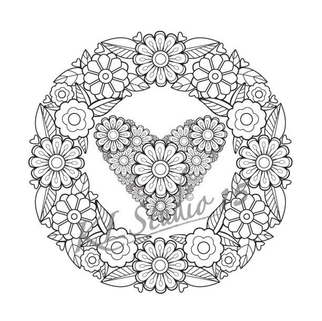 Coloring Page -flowers Heart , Instant Download, Relax Mandala Designs ...