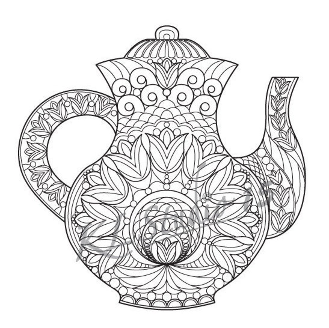 Tulip Teapot Coloring Page, Instant Download, Relax Mandala Designs to ...