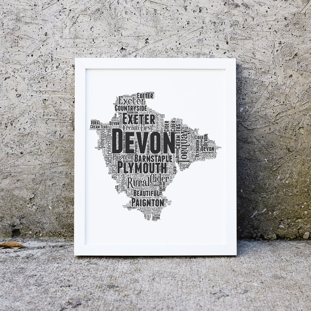 Personalised Devon Map Art Print | Custom Devon Map Word Art Print ...