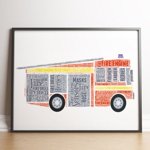 Fire Engine Word Art Print Gift, Fireman Gift, Personalised Fire Engine ...