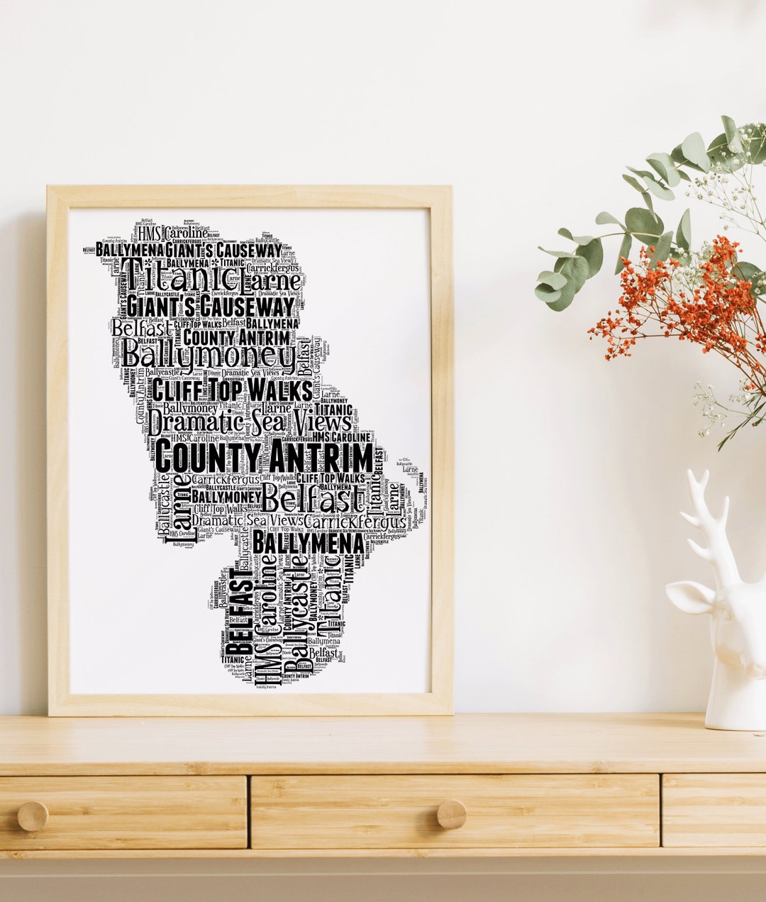 County Antrim Personalised Word Art Map, NI County Art, Northern ...