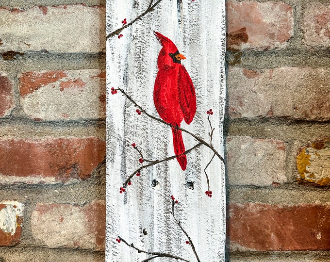 Hand Painted Red Cardinal on a Branch. Simple, Rustic Seasonal Decor ...