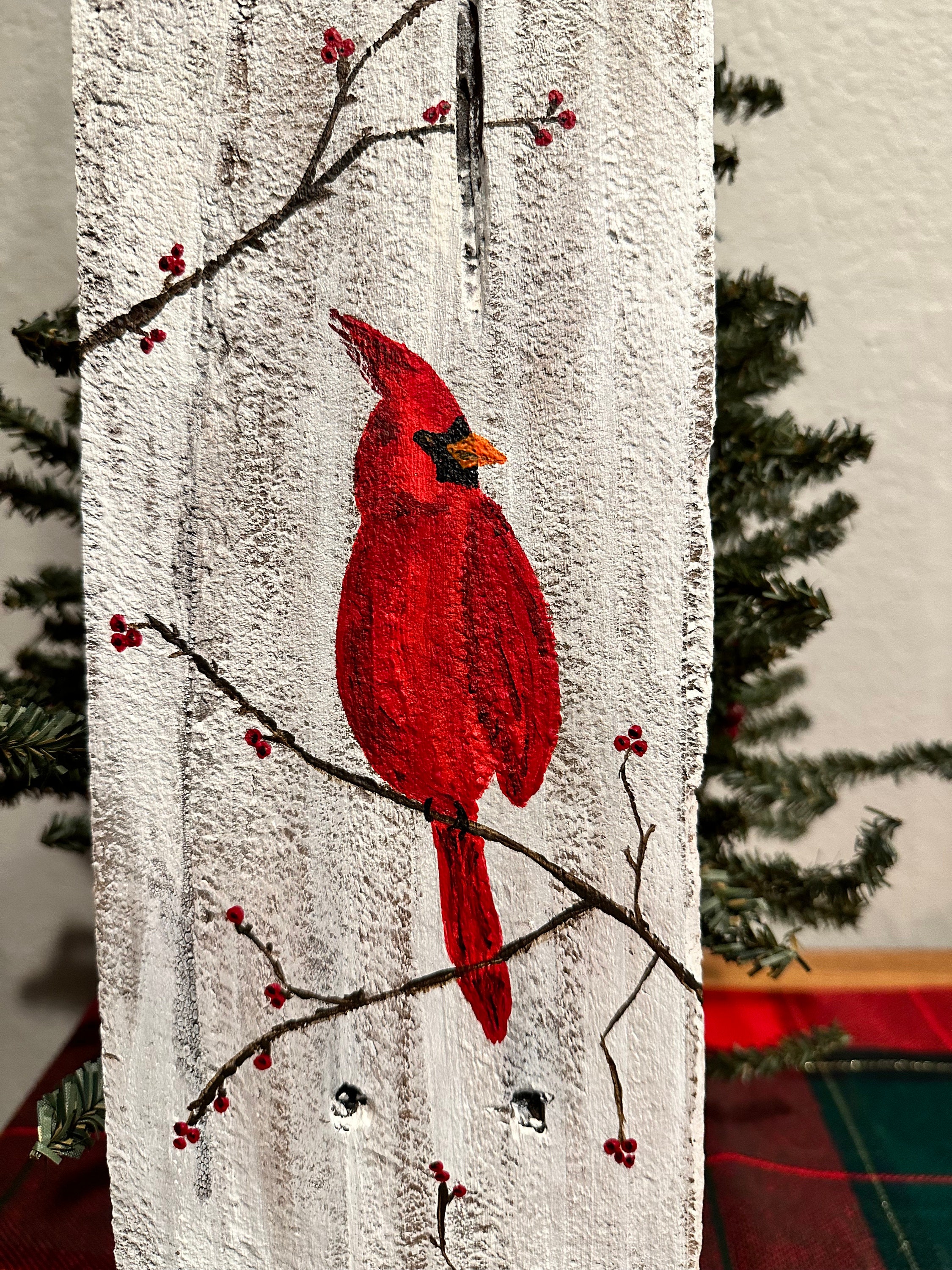 Hand Painted Red Cardinal on a Branch. Simple, Rustic Seasonal Decor ...