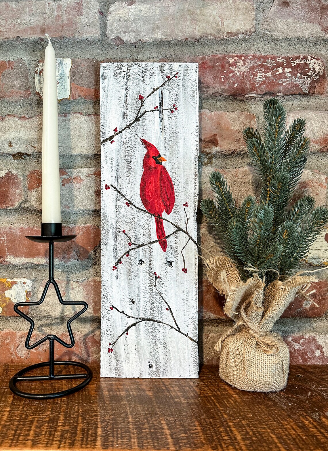 Hand Painted Red Cardinal on a Branch. Simple, Rustic Seasonal Decor ...