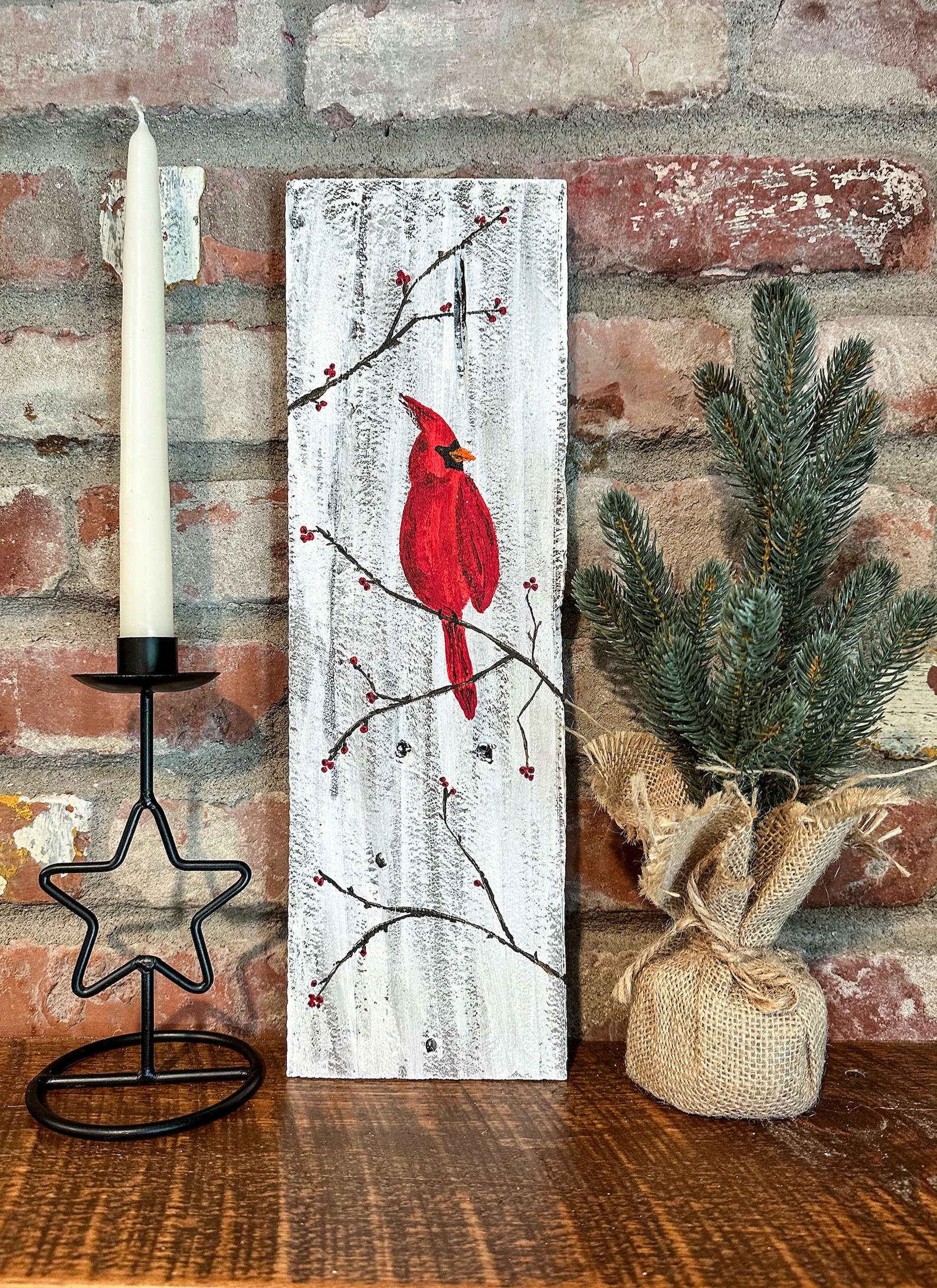 Hand Painted Red Cardinal on a Branch. Simple, Rustic Seasonal Decor ...