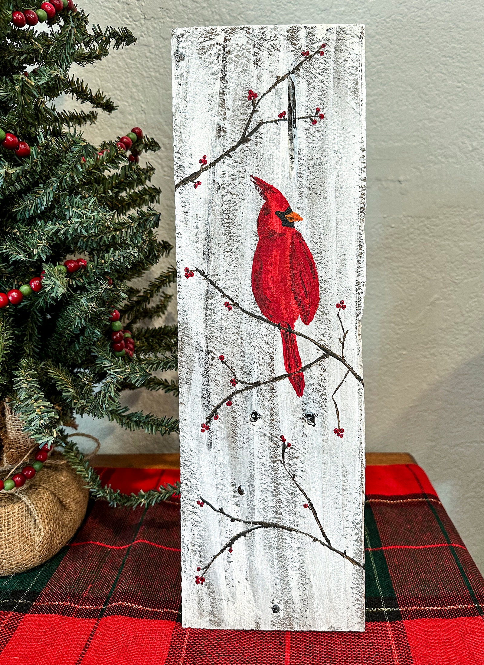 Hand Painted Red Cardinal on a Branch. Simple, Rustic Seasonal Decor ...