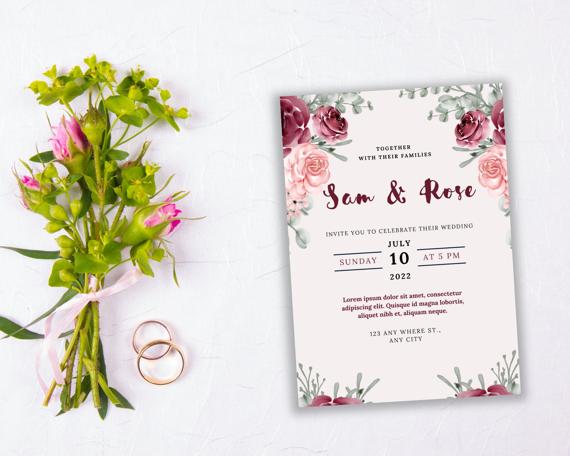 Editable Canva ROSES FLOWER Wedding INVITATION Template Digital ...